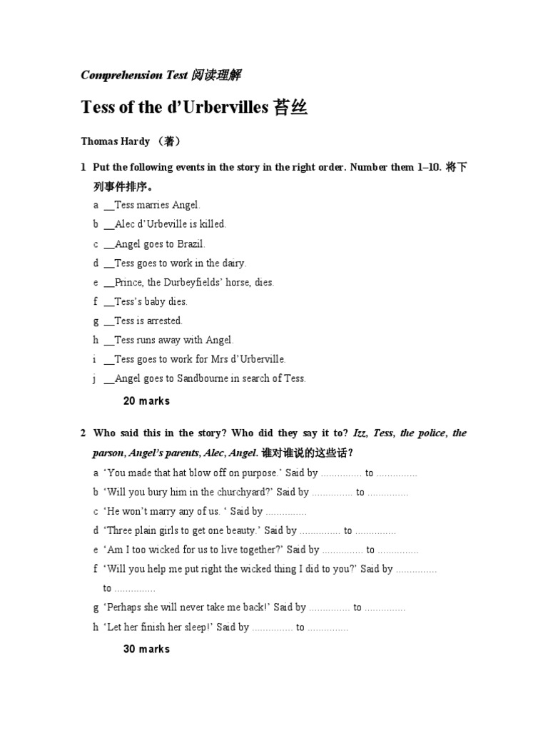 Tess of the d'Urbervilles 苔丝: Comprehension Test 阅读理解 | PDF | Tess Of ...