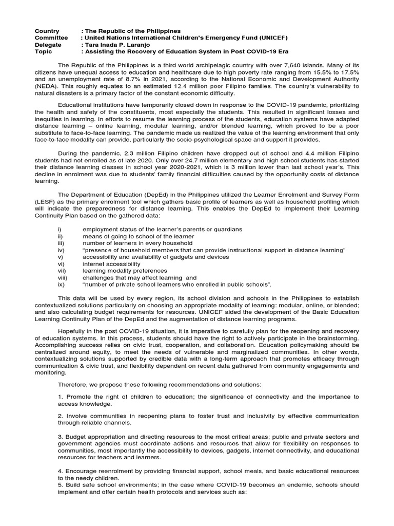 UNICEF - Philippines Position Paper | PDF | Distance Education | Learning
