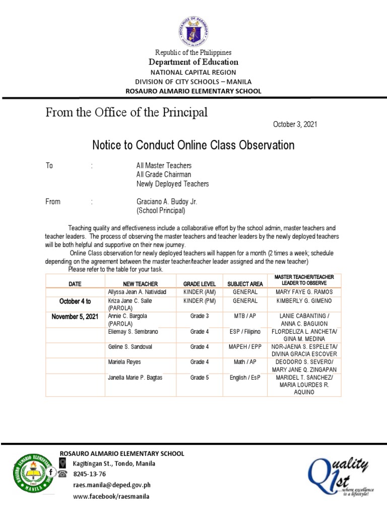 Notice To Conduct Classroom Observation | Download Free PDF | Philippines