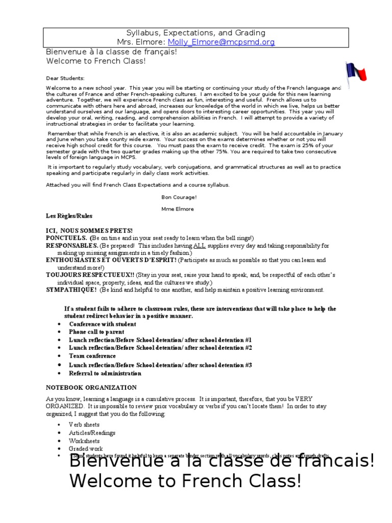 French 1A Syllabus MVMS | PDF | Homework | Educational Assessment