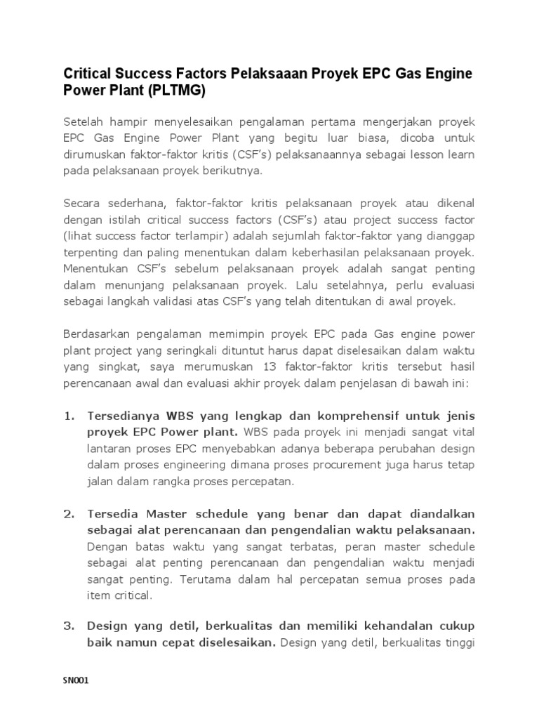 Critical Success Factors Pelaksaaan Proyek EPC Gas Engine Power Plant - Rev | PDF