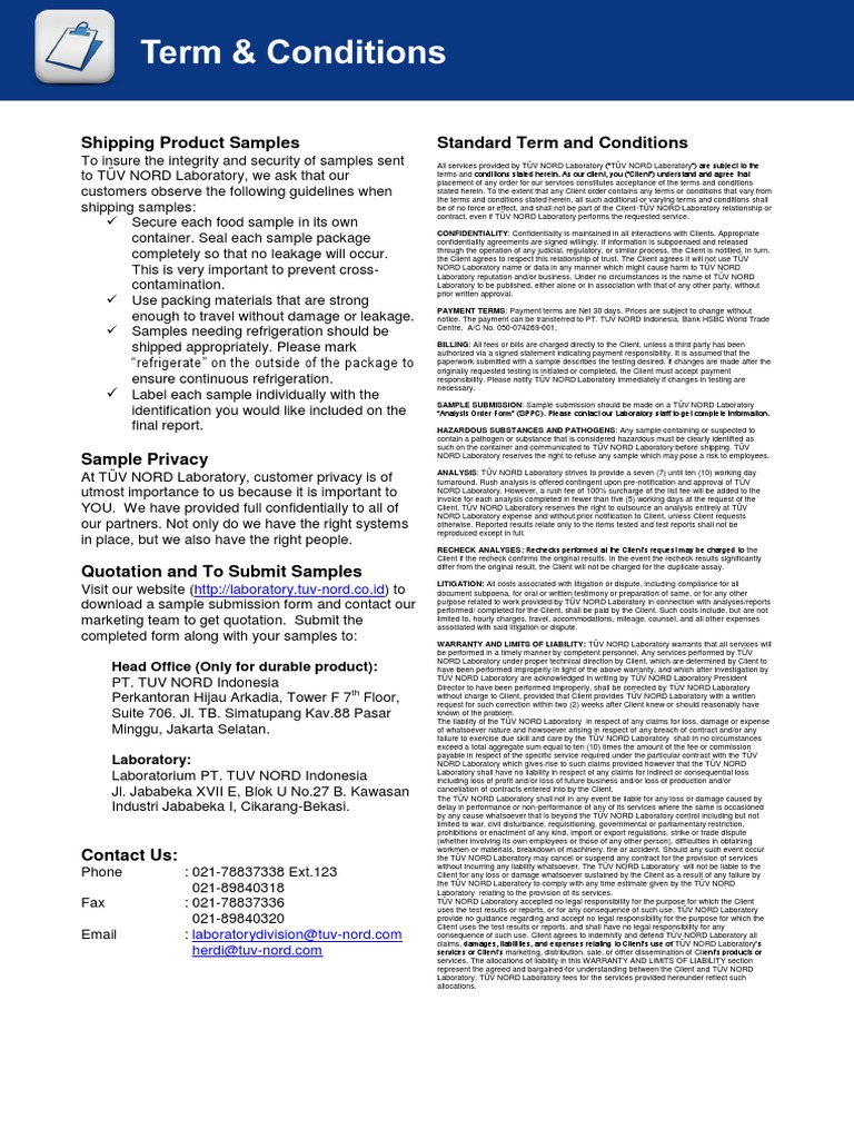Shipping Product Samples Standard Term and Conditions: Head Office ...