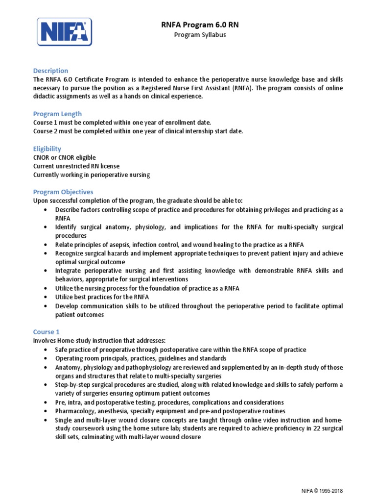 RNFA Program 6.0 RN: Description | PDF | Surgery | Nursing