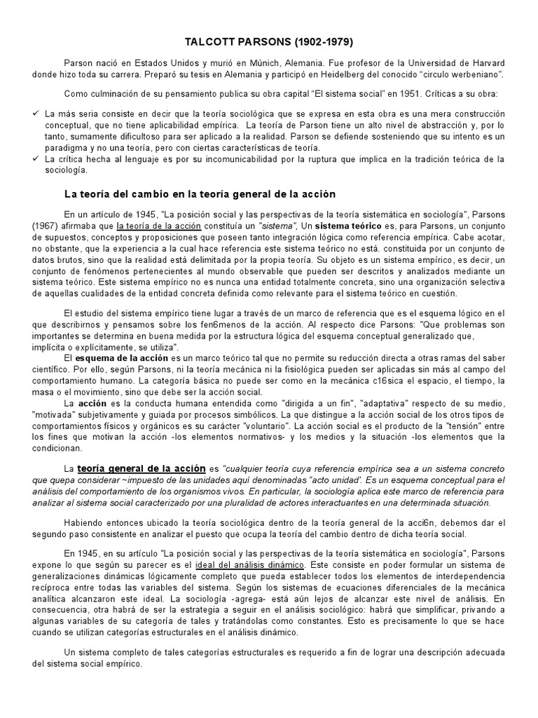 Teorias Sociologicas - Talcott Parsons | PDF | Teoría | Sociología