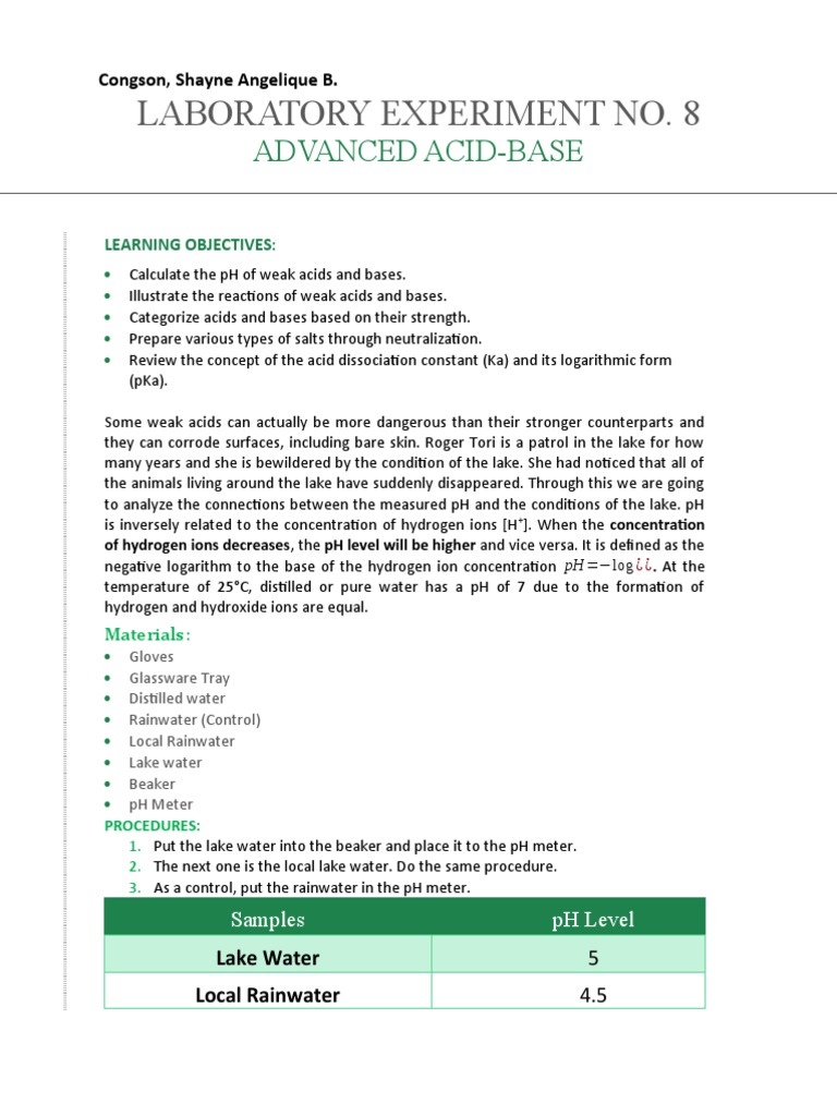 Laboratory Experiment No. 8 Advanced Acid-Base | PDF | Acid | Ph