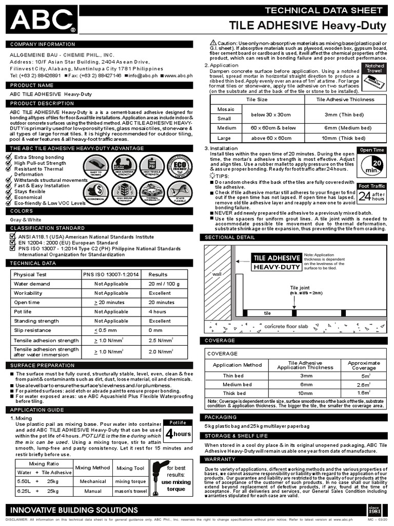 Tile Adhesive Heavy Duty Technical Data Sheet 2020 | PDF | Tile | Adhesive