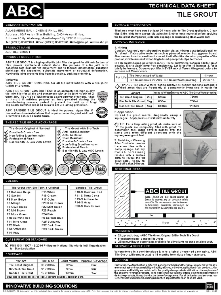 ABC Tile Grout Technical Data Sheet 2020 | PDF | Tile | Building Engineering