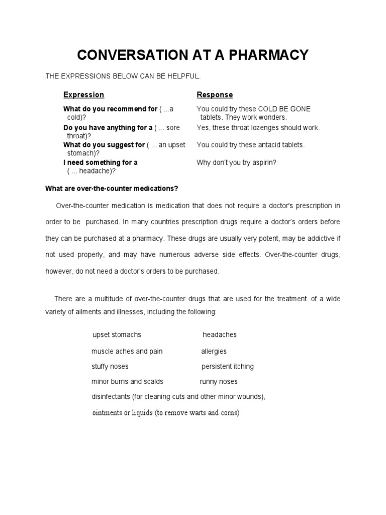Conversation at A Pharmacy | PDF | Pharmacy | Over The Counter Drug