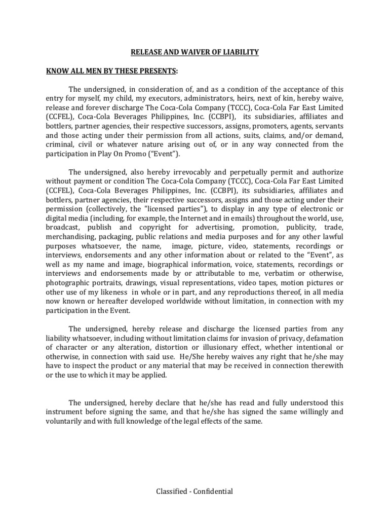 Coca Cola Release and Waiver Form Play On Promo | Download Free PDF ...