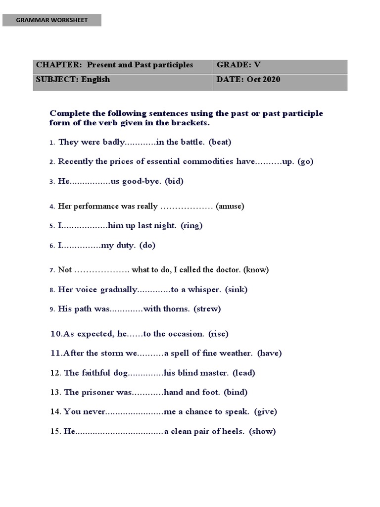 Participles Worksheet | PDF