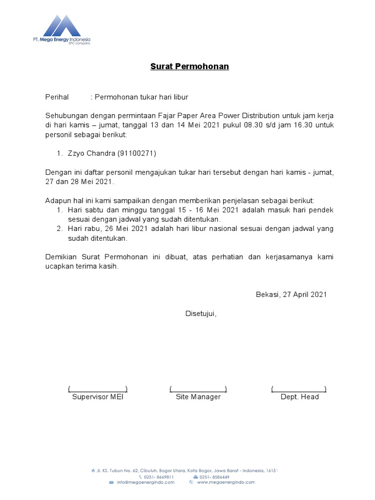 Permohonan Tukar Hari Libur Mei 2021 | PDF