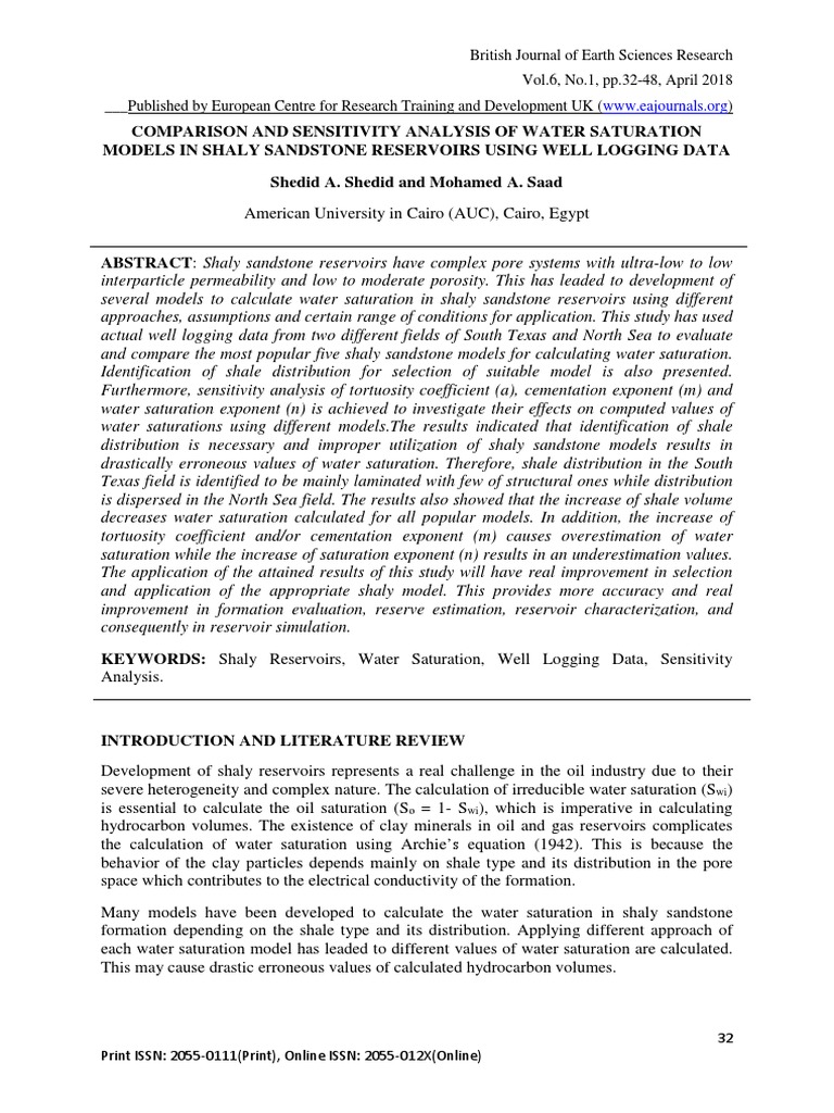 Comparison and Sensitivity Analysis of Water Saturation Models in Shaly ...
