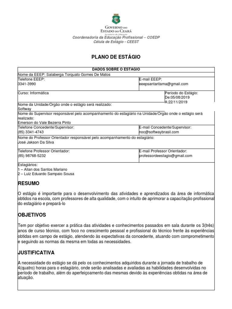 Modelo Plano - de - Estagio 1 | PDF | Desenvolvimento profissional ...