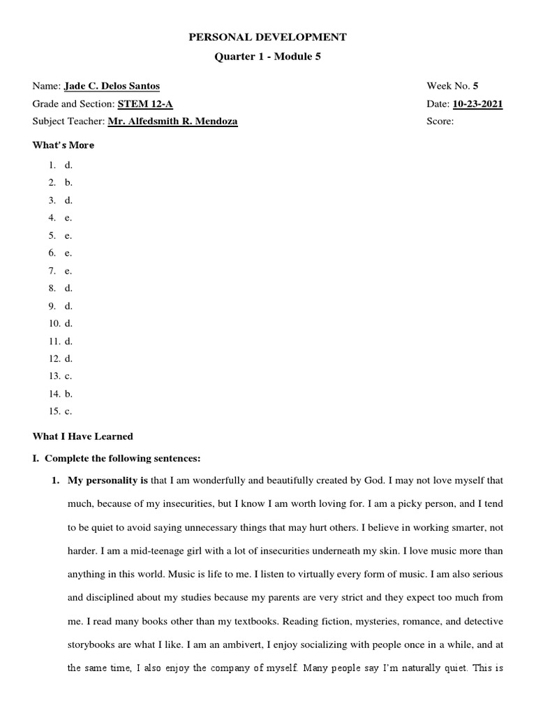 Personal Development Module 5 | PDF | Stress (Biology) | Self Esteem
