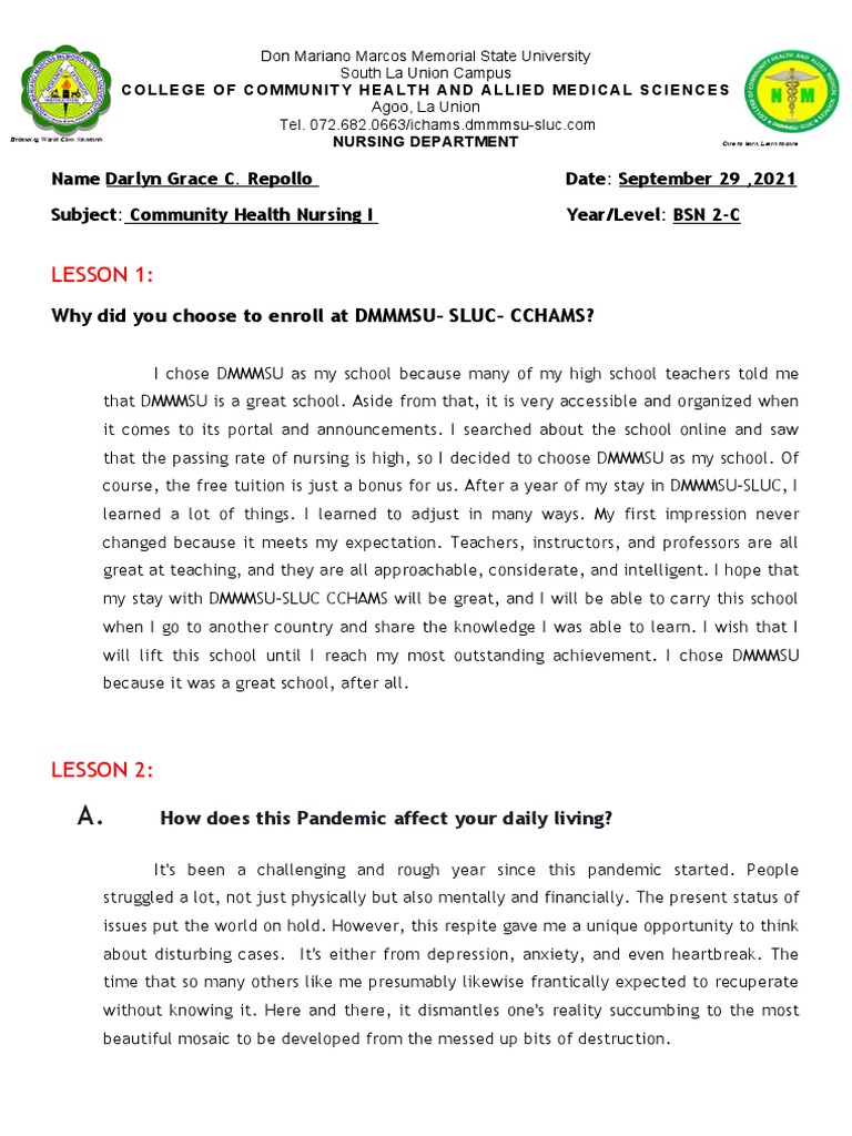 Lesson 1:: Why Did You Choose To Enroll at DMMMSU-SLUC - CCHAMS? | PDF ...