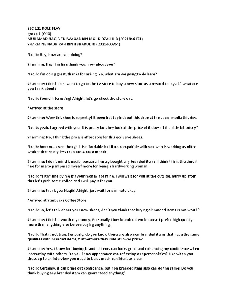 ELC 121 ROLE PLAY First Script | PDF | Brand | Promotion And Marketing ...