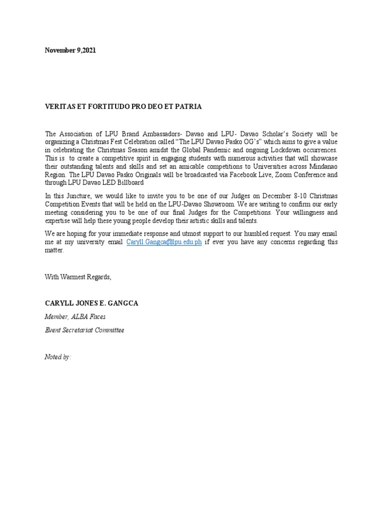 Invitation Letter For Judges | PDF