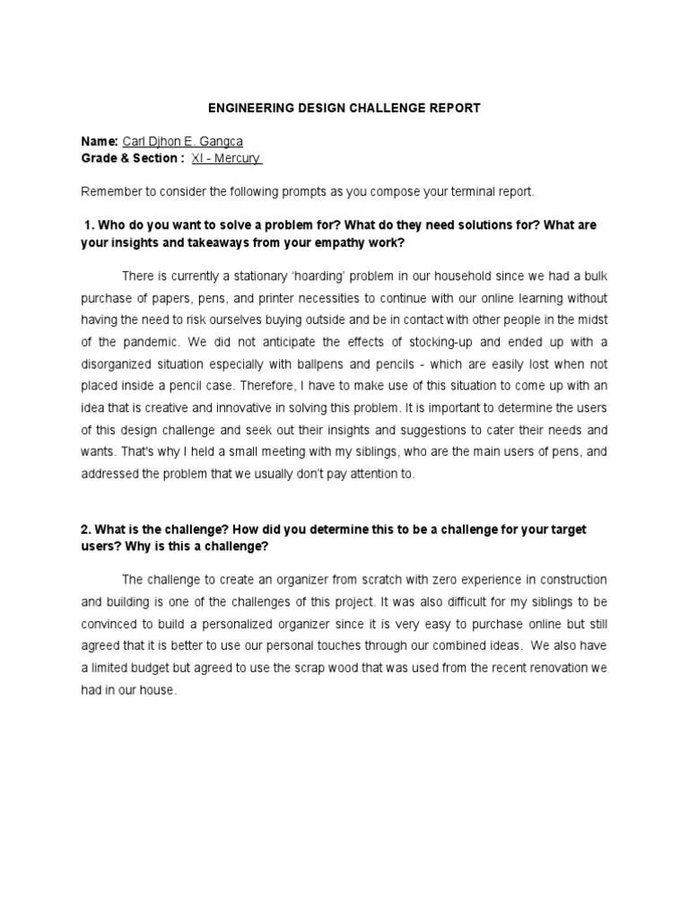 Engineering Design Challenge Report | PDF | Design | Cognition