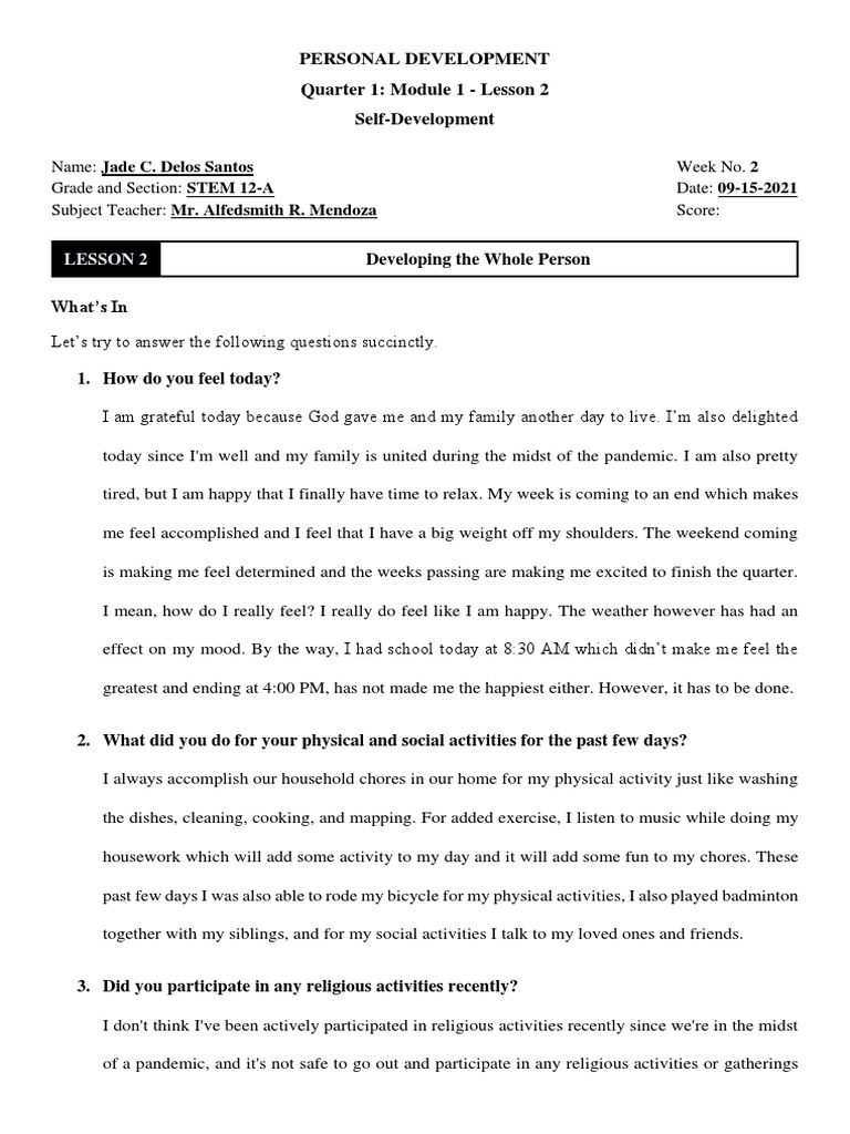 Personal Development - Lesson 2 | PDF | Spirituality | Mind