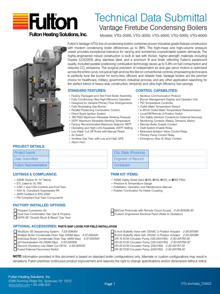 Fulton Vantage Technical Data | PDF | Boiler | Valve