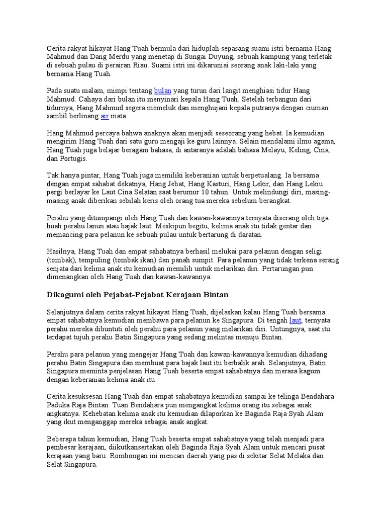 Cerita Rakyat Hikayat Hang Tuah Bermula Dari Hiduplah Sepasang Suami ...