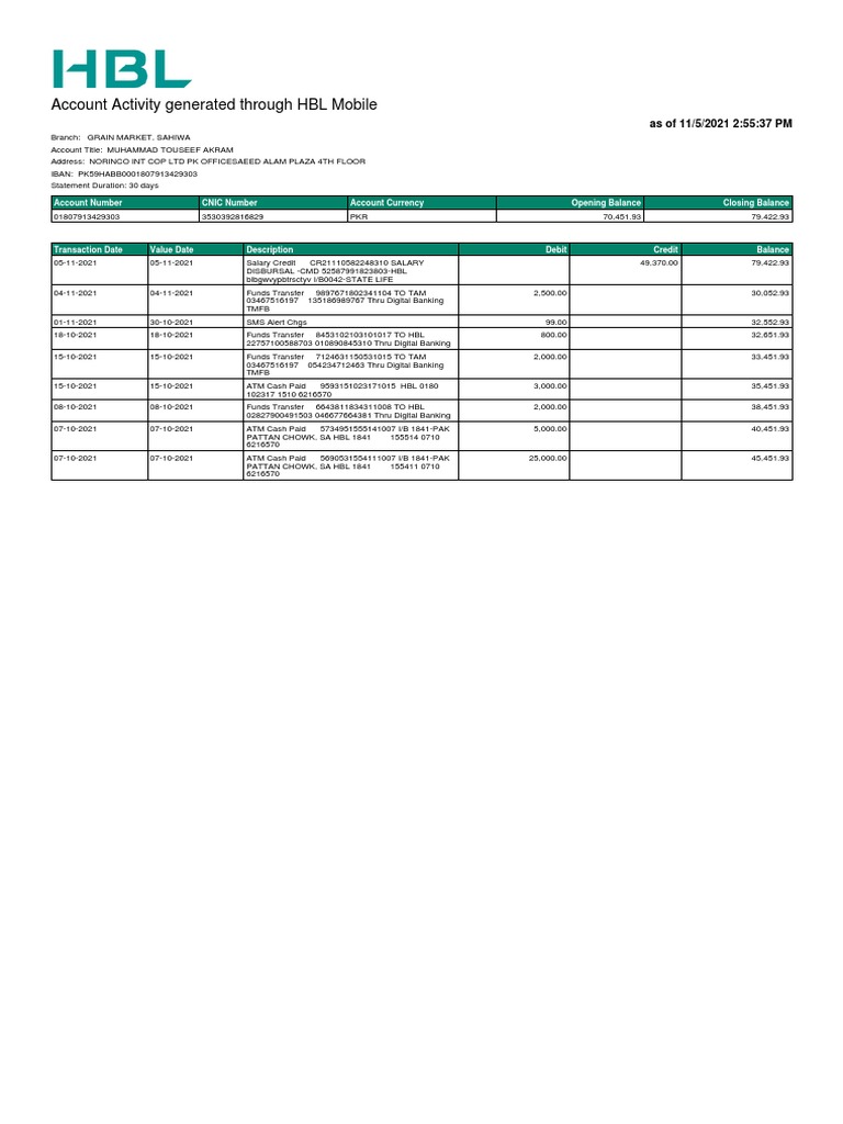 Account Activity Generated Through HBL Mobile | PDF | Banks | Cash