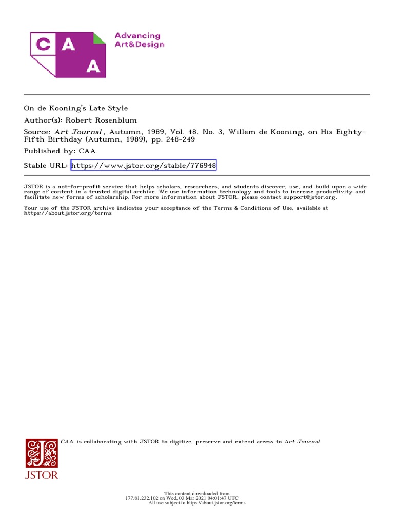 ROSENBLUM, R. On de Kooning Late Style Rosenblum | PDF | The Arts ...
