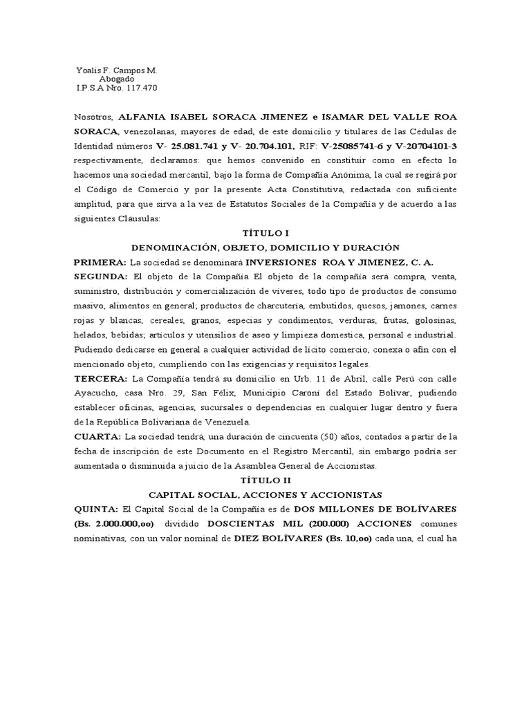 Acta Constitutiva Inversiones Roa y Jimenez CA | PDF | Dividendo