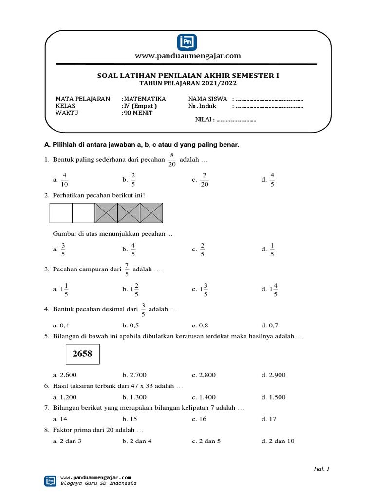 Soal PAS Matematika Kelas 4 Semester 1 Tahun 2021-2022 | PDF