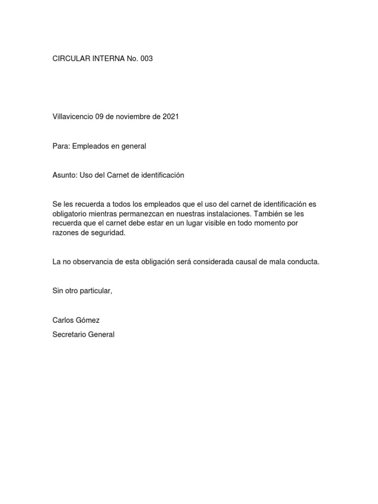 Circular Interna No | PDF | Negocios