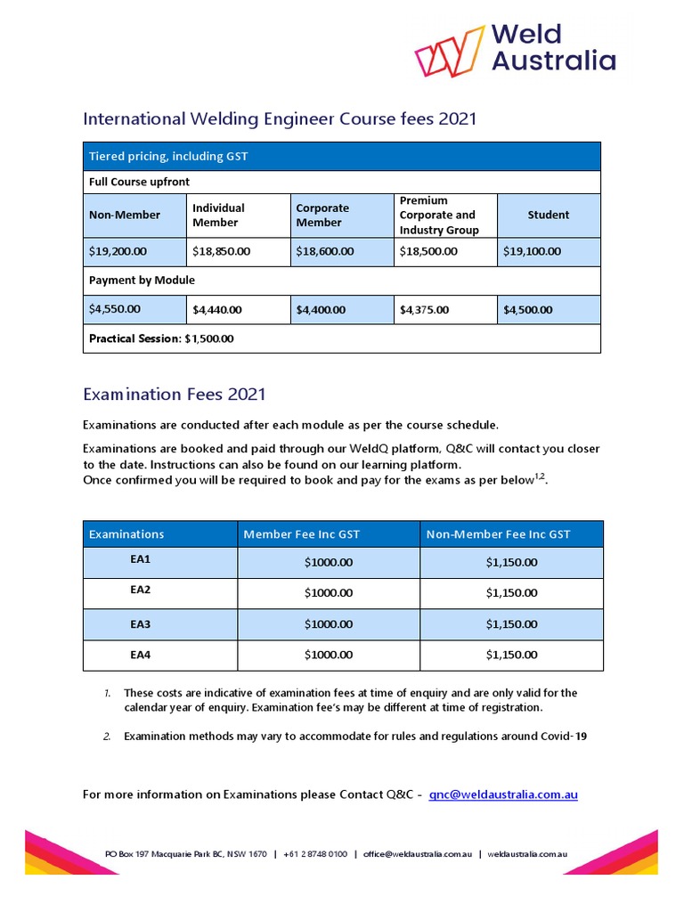 International Welding Engineer Course Fees 2021: Tiered Pricing, Including GST | PDF