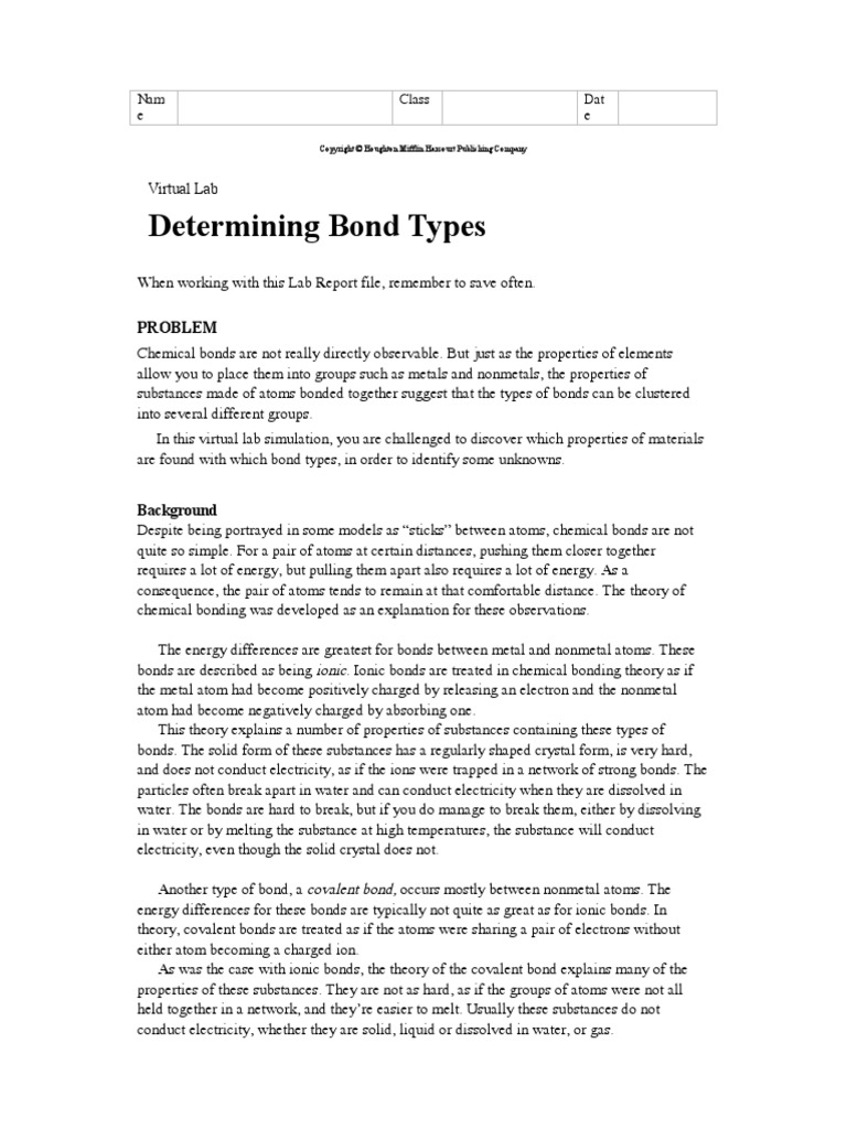 Determine Bond Type - Holt McDougal-Virtual Lab | PDF | Chemical Bond ...