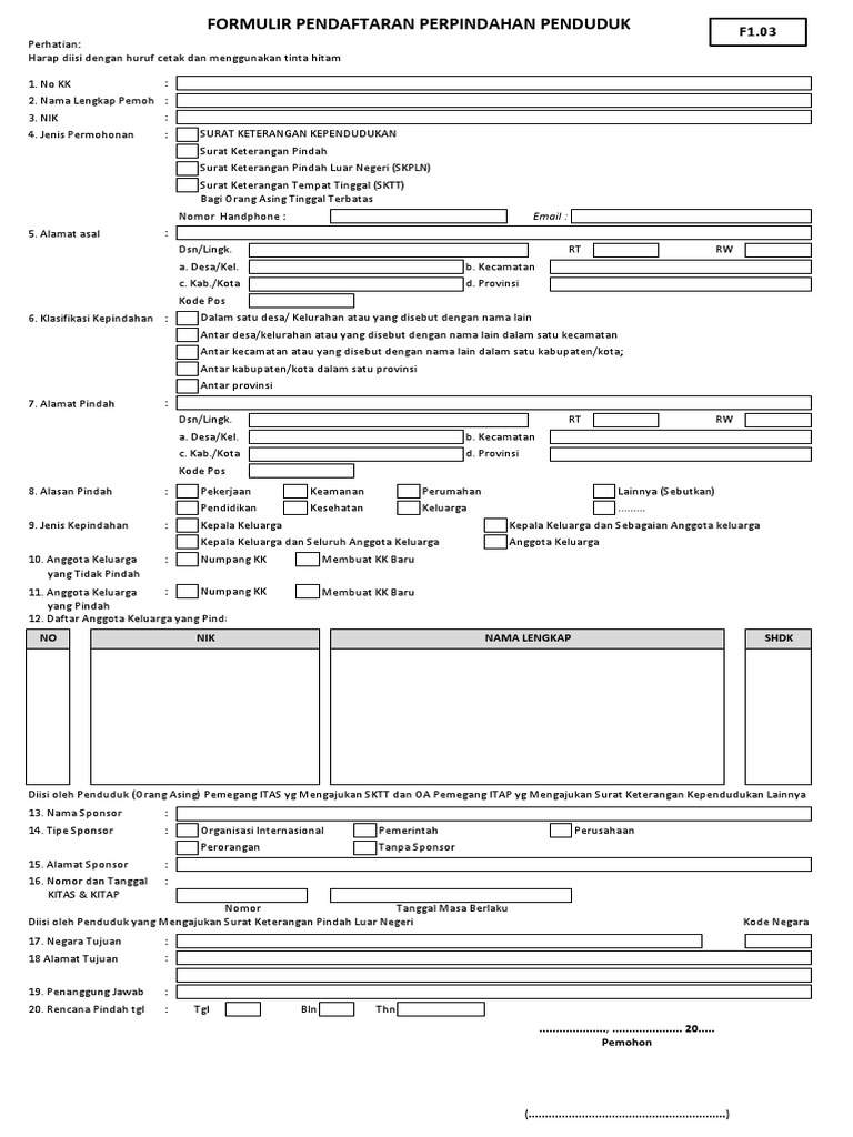 f1.03 Formulir Pendaftaran Perpindahan Penduduk | PDF