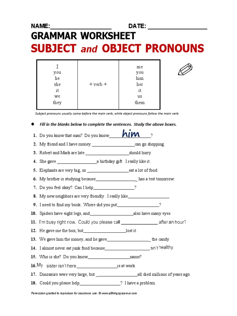 Subject Object Pronouns: Grammar Worksheet | PDF
