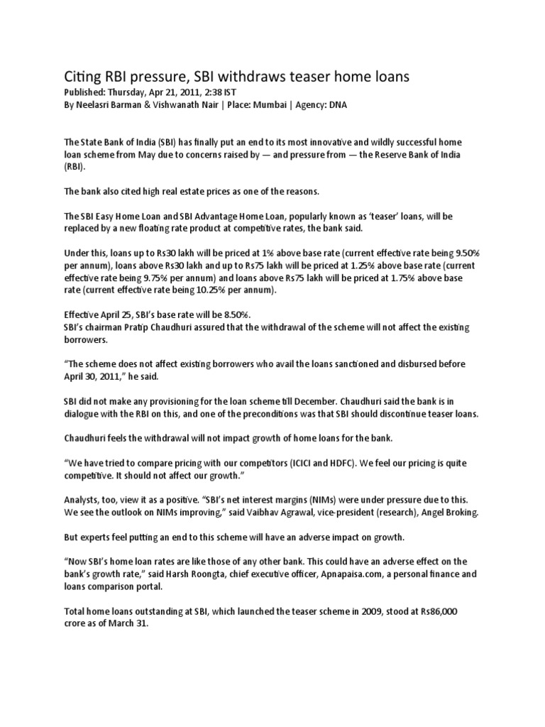 SBI Teaser Rate | PDF | Reserve Bank Of India | Mortgage Loan