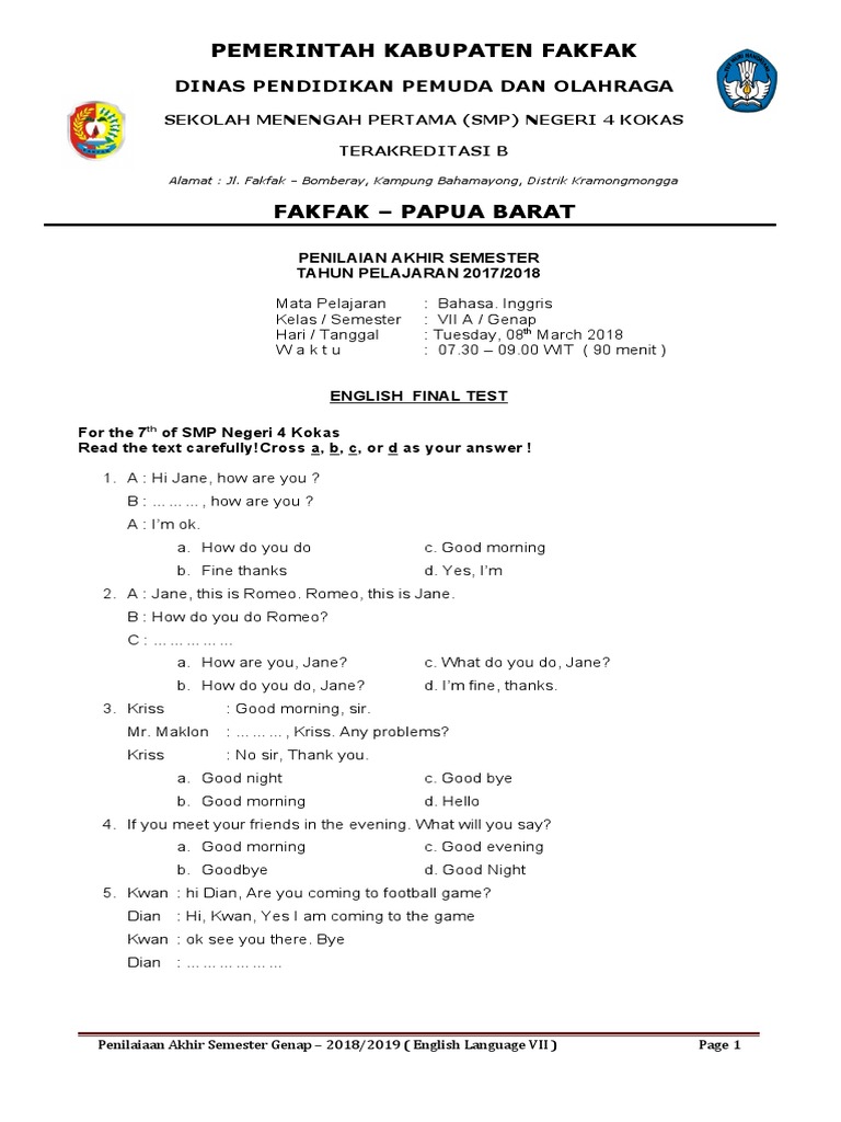 English Final Test For Grade 7 | PDF | Home | Cooking