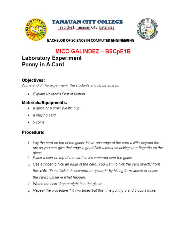 02 Laboratory Experiment 1 - Penny in A Card (Mico Galindez BSCpE1B ...