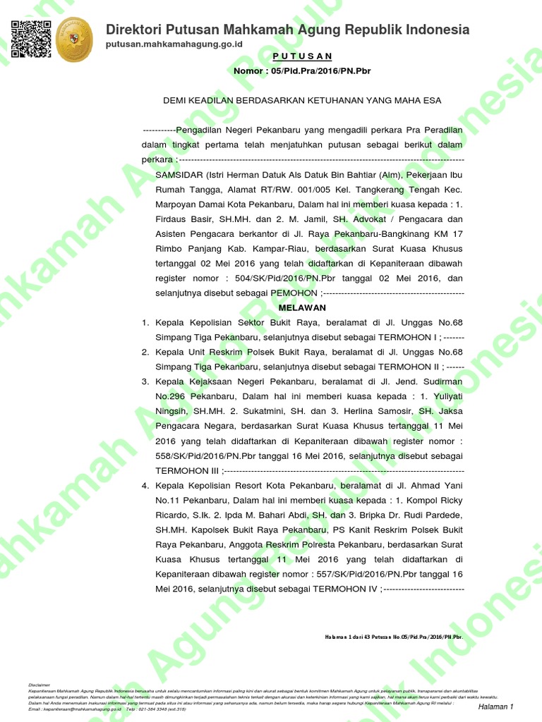 Putusan 5 Pid - Pra 2016 PN PBR 20210321 | PDF