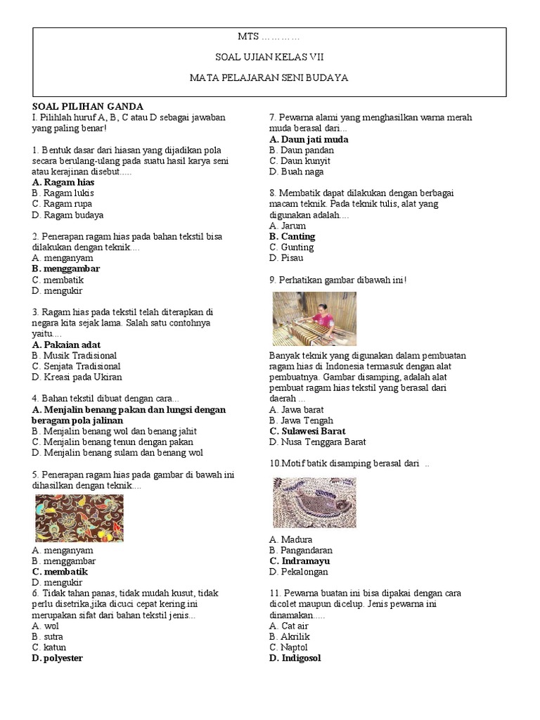 Soal Pilihan Ganda Kelas Vii, Viii, Iv | PDF | Seni