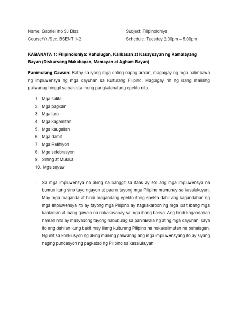 DIAZ-BSENTREP 1-2 Kabanata 1 Filipinolohiya Kahulugan, Kalikasan at Kasaysayan NG Kamalayang ...