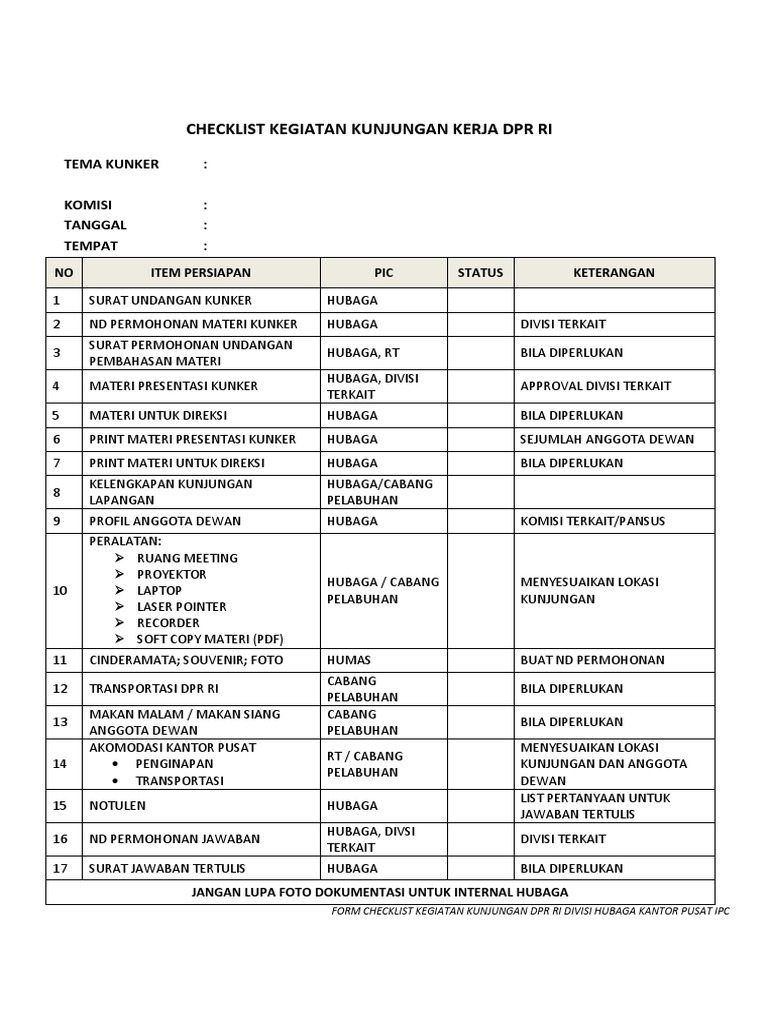 Checklist Kegiatan Kunker DPR Ri | PDF