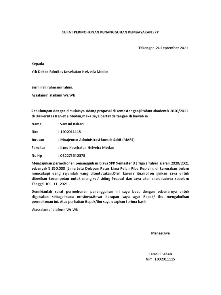 Surat Permohonan Penangguhan Pembayaran SPP | PDF Surat Permohonan Penangguhan Pembayaran SPP | PDF