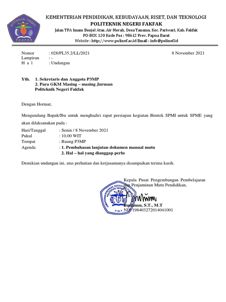 Surat Undangan Lanjutan Persiapan BIMTEK SPMI | PDF