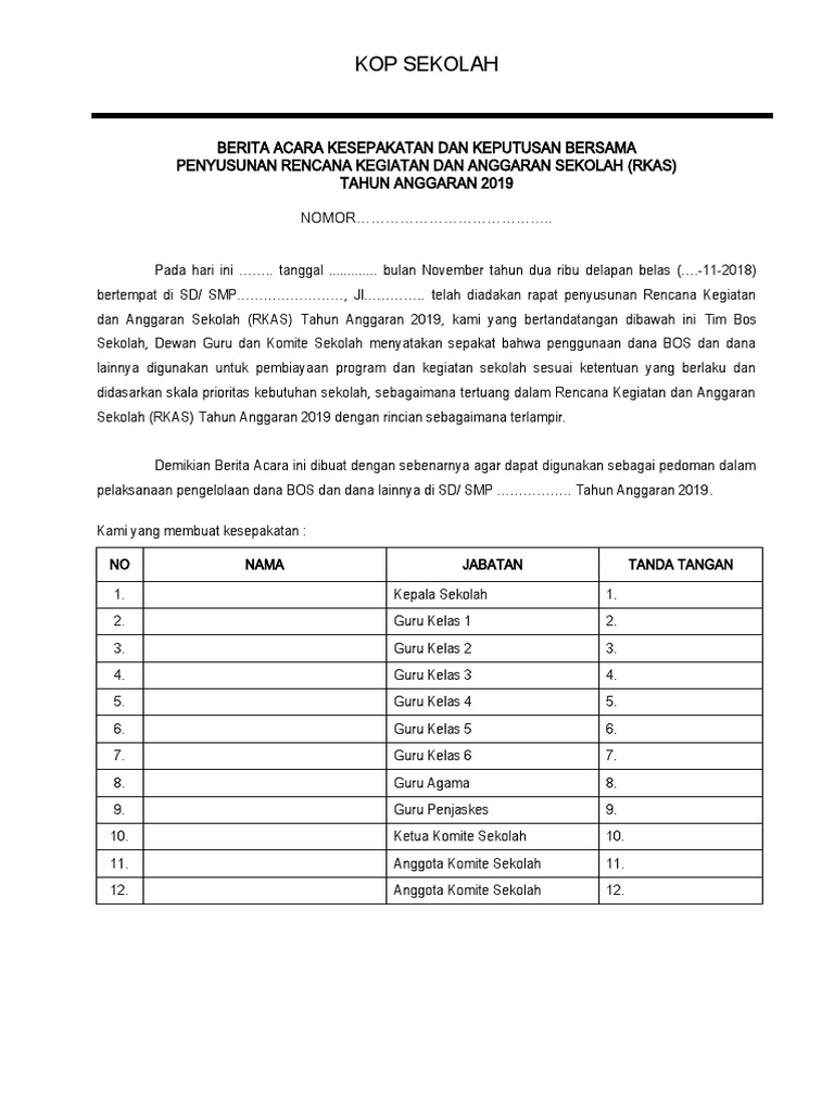 Berita Acara Penyusunan RKAS 2019 | PDF