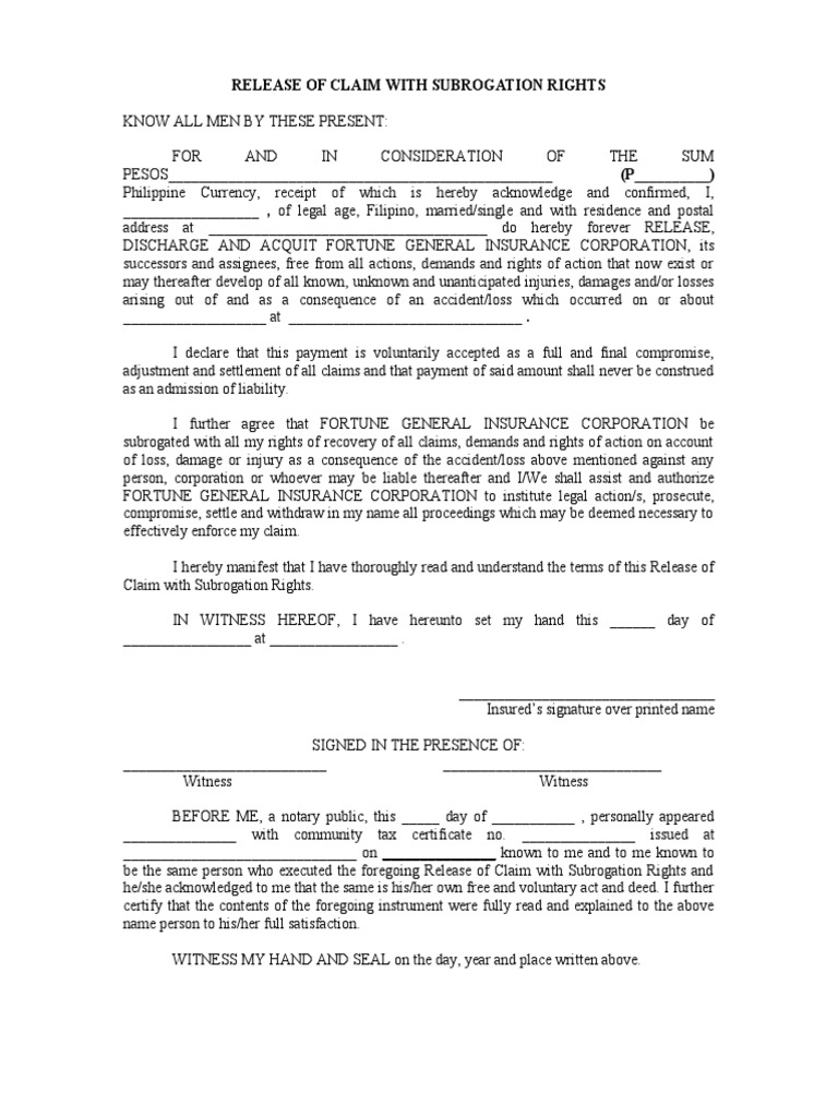 Release of Claim With Subrogation Right | PDF | Subrogation | Insurance