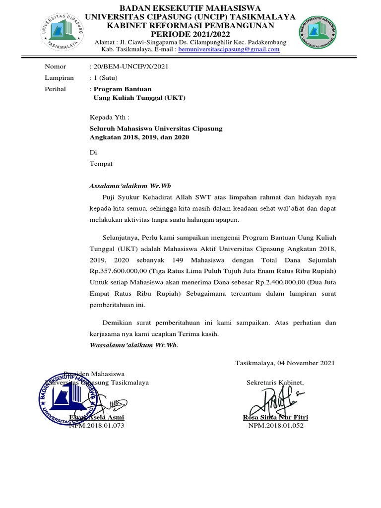 Surat Pemberitahuan UKT | PDF