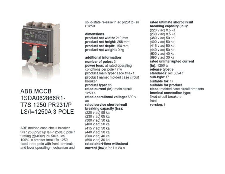 Specifications and technical details of an ABB molded case circuit ...