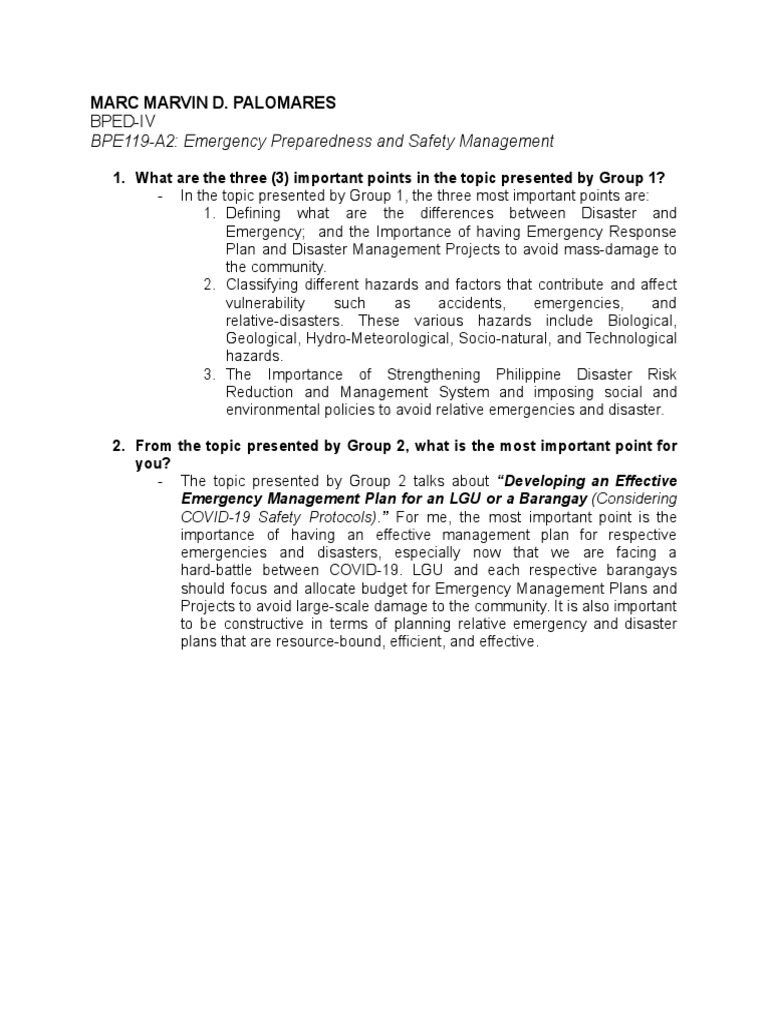 BPE119-A2: Emergency Preparedness and Safety Management: Bped-Iv | PDF