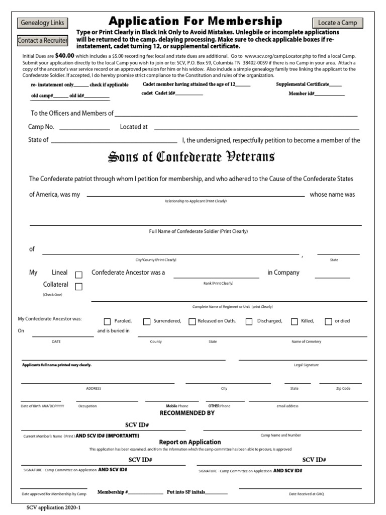 Sons of Confederate Veterans: Application For Membership | PDF