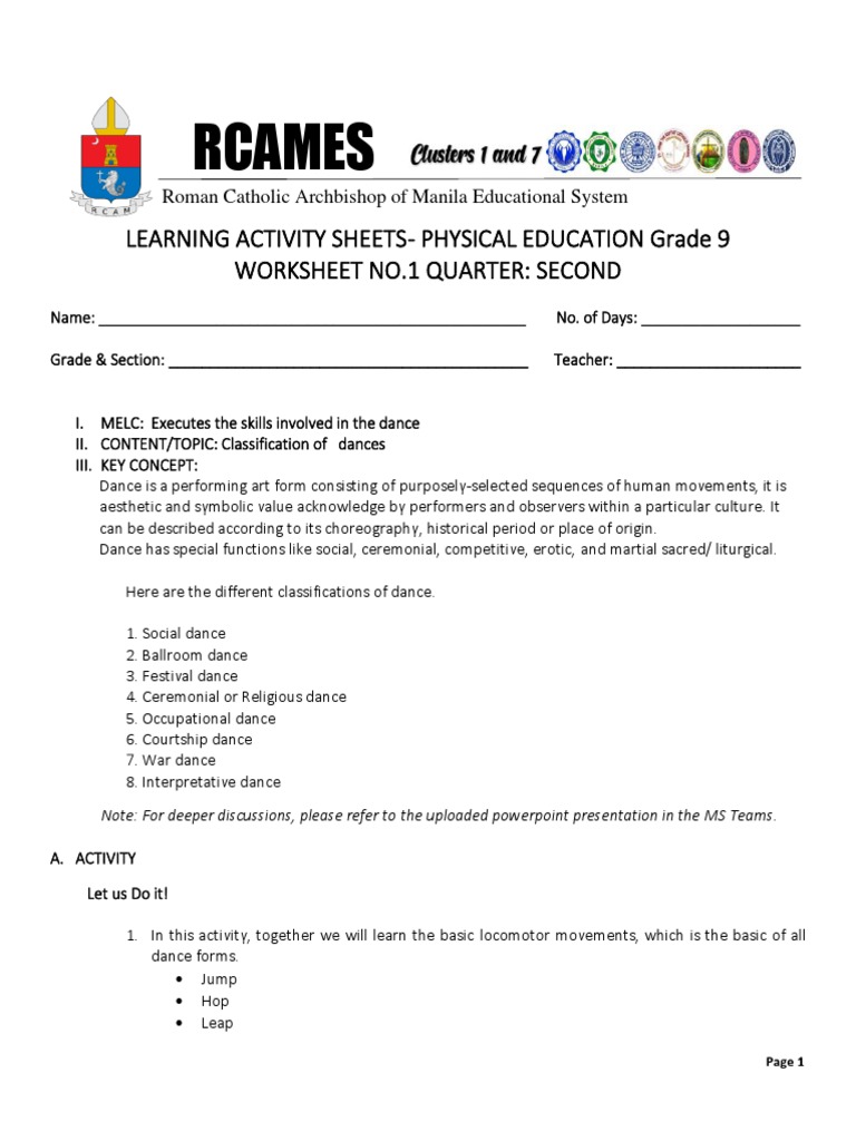 Rcames: Learning Activity Sheets-Physical Education Grade 9 Worksheet ...
